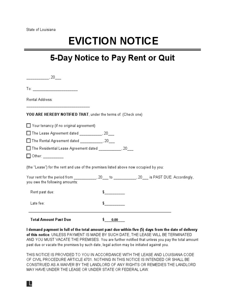 Louisiana Eviction Notice 5 Day Pay Rent or Quit | PDF | Lease ...