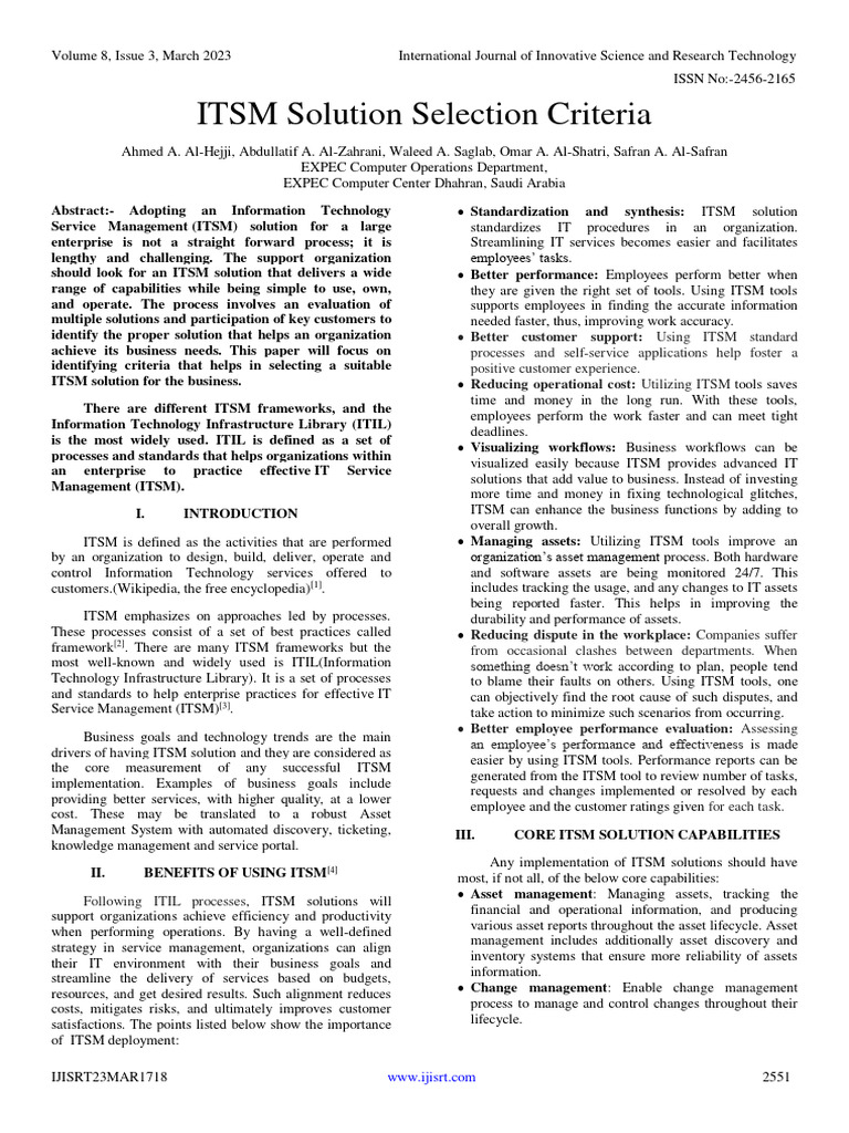 ITSM Solution Selection Criteria | PDF