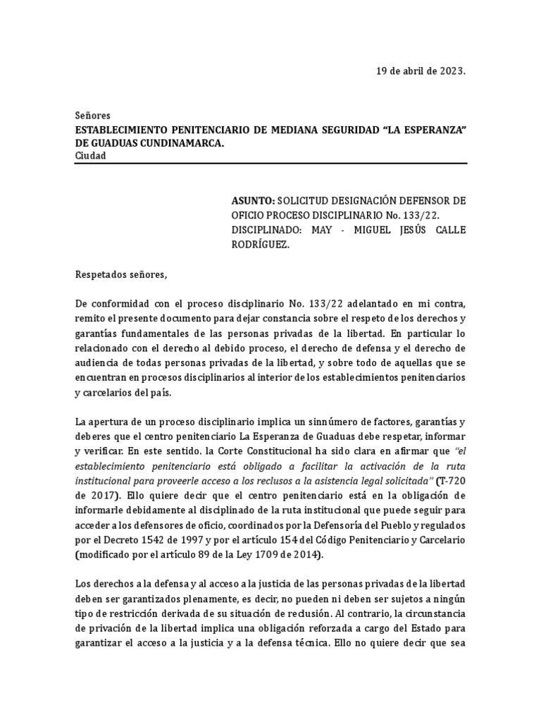 Solicitud Respetuosa, Defensor de Oficio. | PDF | Prisión | Defensor público