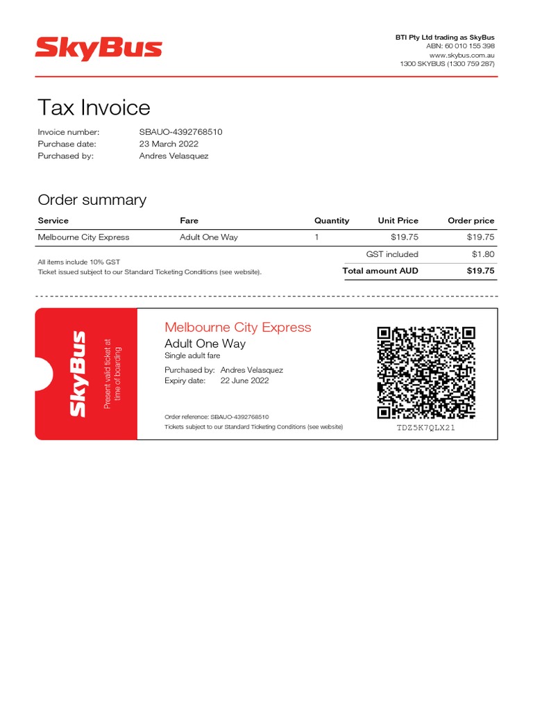 Melbourne City Express Ticket Invoice | PDF