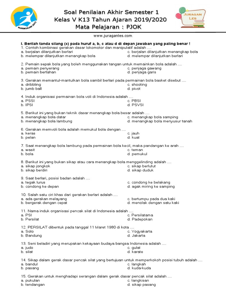 Soal PAS PJOK Kelas 5 Semester 1 Tahun 2019-2020 | PDF | Olahraga & Rekreasi