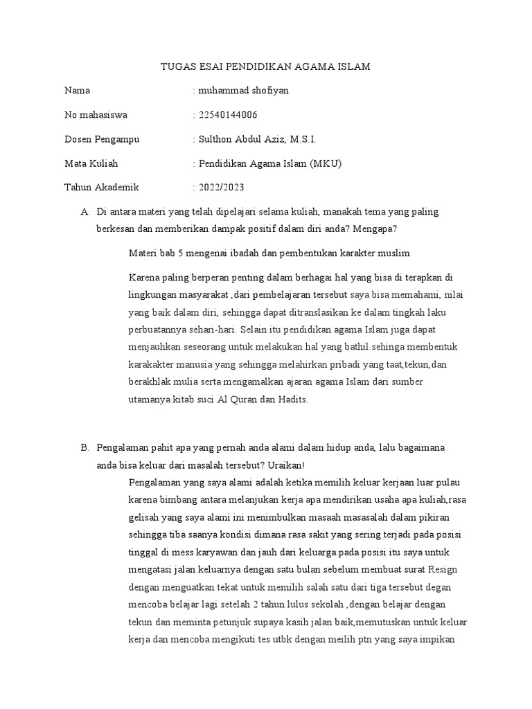 Tugas Esai Pendidikan Agama Islam | PDF