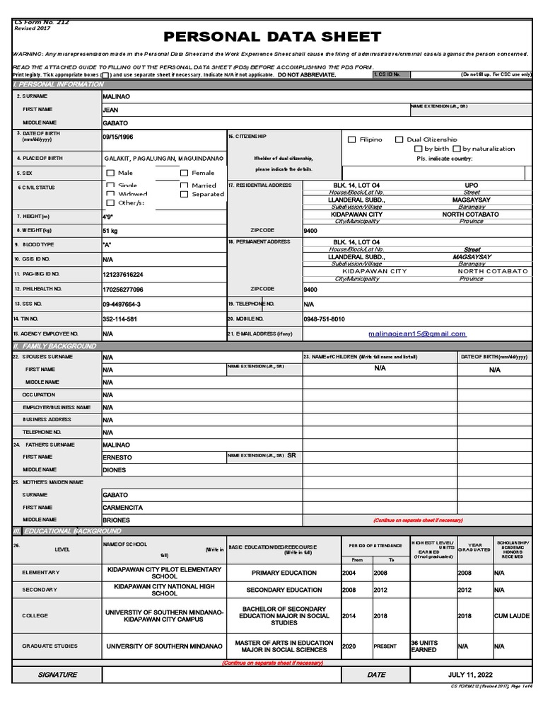 CS Form No. 212 Personal Data Sheet Revised | PDF | Distance Education | Crimes