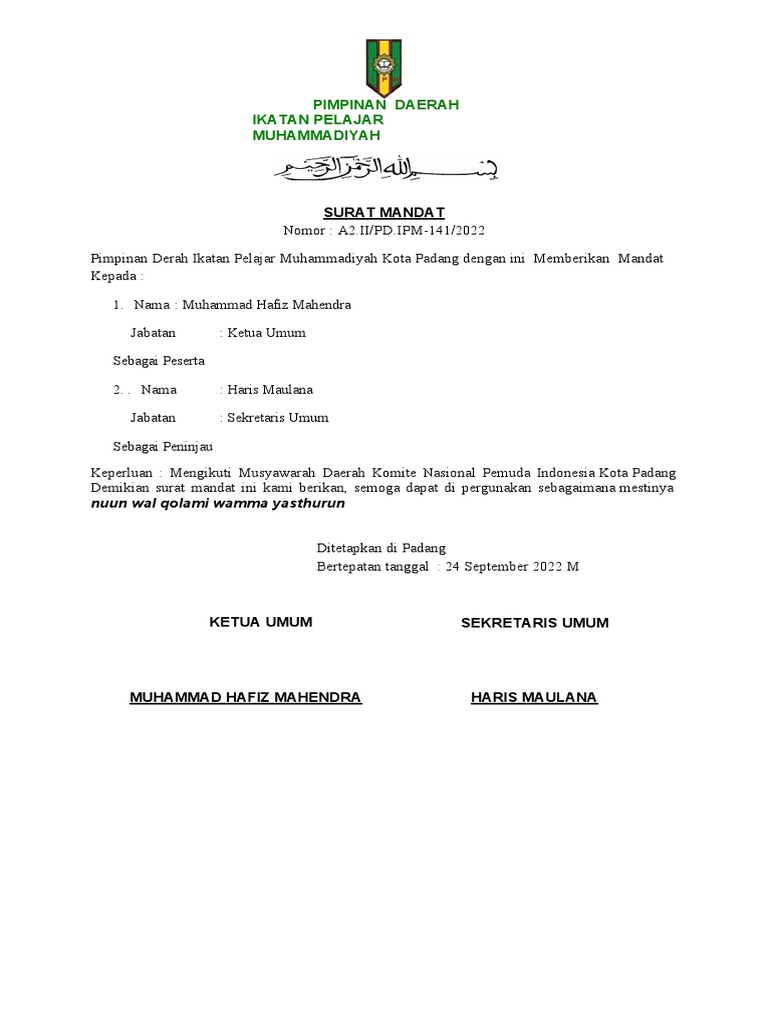 Surat Mandat IPM untuk Musda KNPI | PDF
