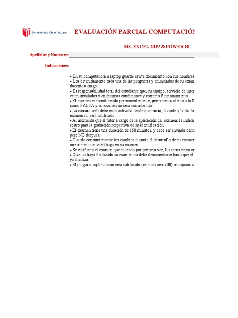 Examen Parcial (Ms. Excel 2019 & Power BI) XLSX | PDF | Informática