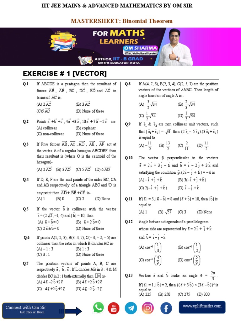 Mastering Vectors: An In-Depth Exercise on Vector Algebra from IIT JEE Mains & Advanced ...