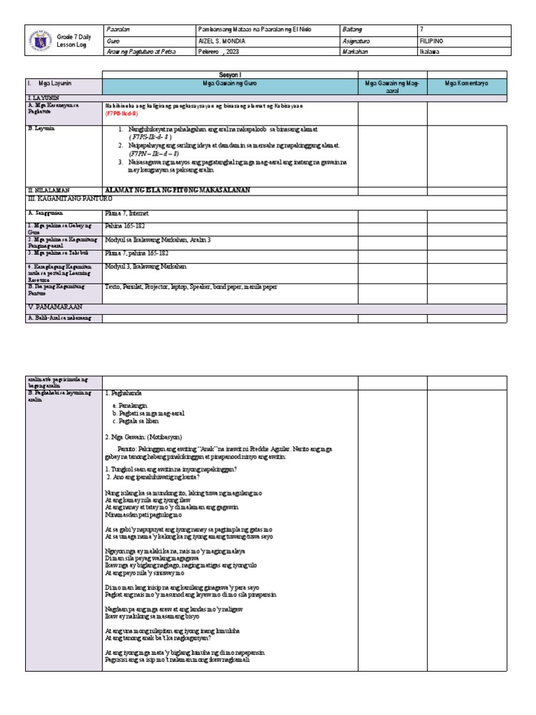 Lesson Plan ALAMAT NG ISLA NG PTIONG MAKASALANAN | PDF