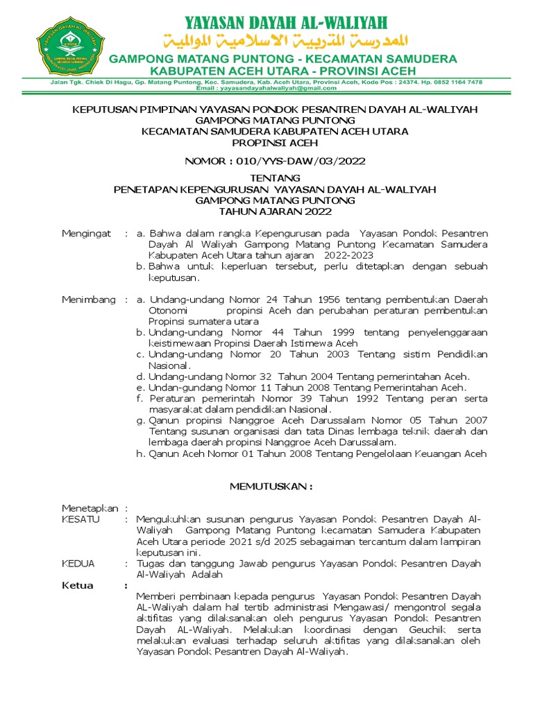 SK Pengurus Yayasan Dayah Al-Waliyah | PDF