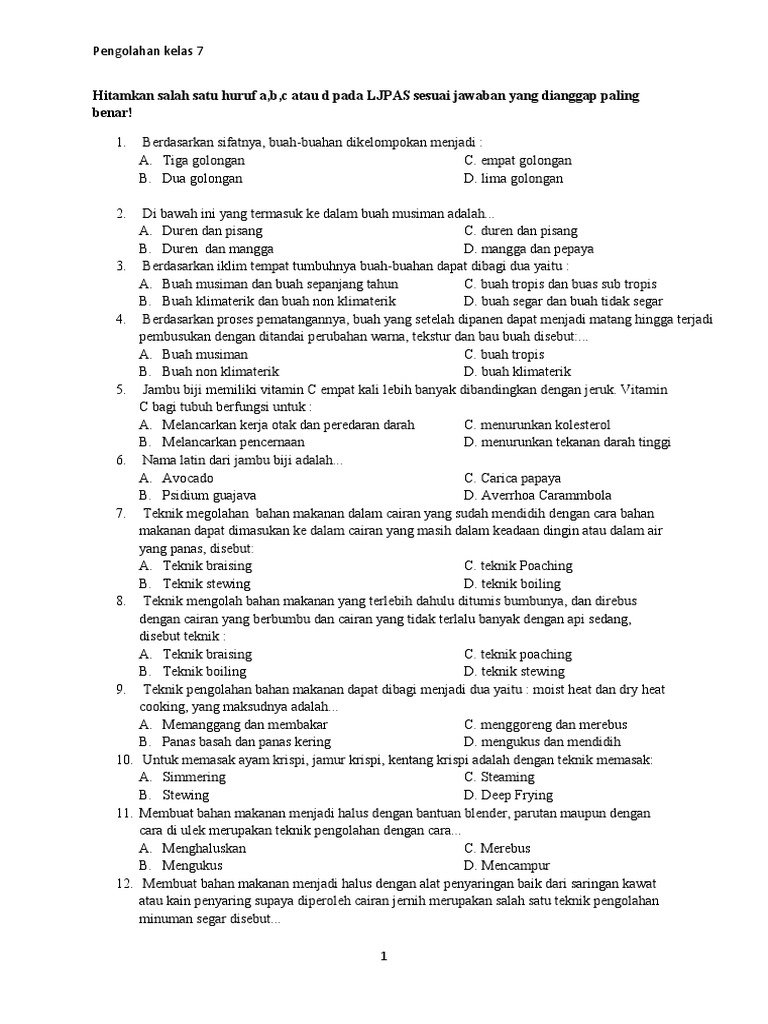 Soal PAS Prakarya Sub Pengolahan Kelas 7 K2013 | PDF