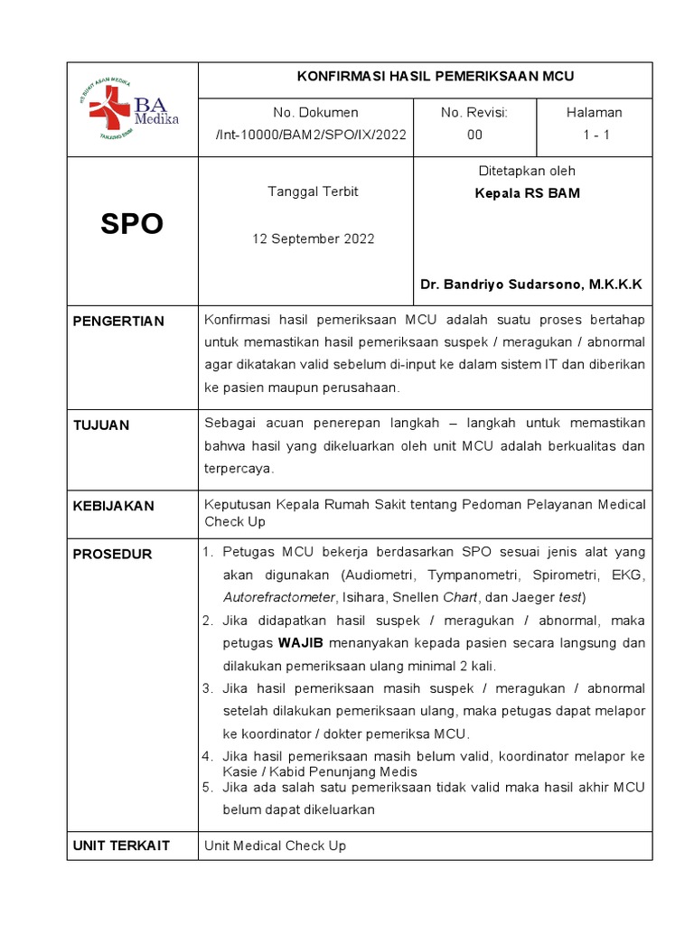 10 SPO Konfirmasi Hasil Pemeriksaan MCU (2022) | PDF