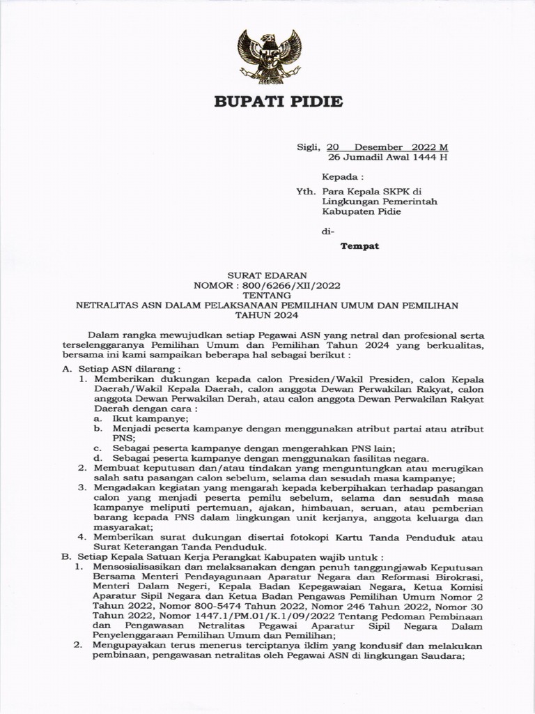Se Bupati Pidie Tentang Netralitas Asn Dalam Pelaksanaan Pemilihan Umum Dan Pemilihan Tahun ...