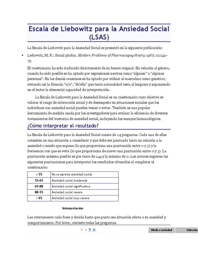 Escala de Liebowitz para La Ansiedad Social | PDF | Ansiedad | Desorden ...