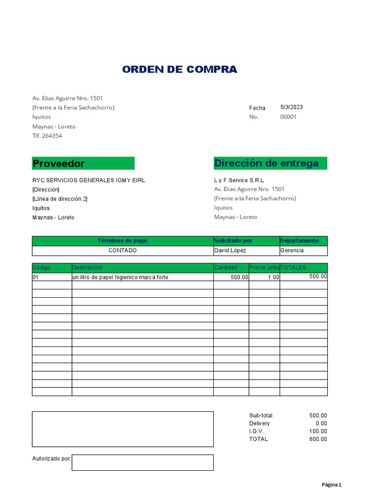 Modelo Orden de Compra Lyf Srvice | PDF