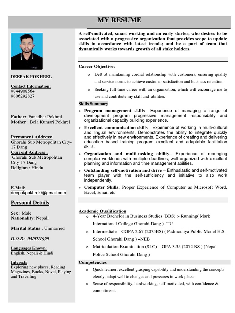CV of Deepak Pokhrel PDF | PDF | Cognitive Science | Cognition