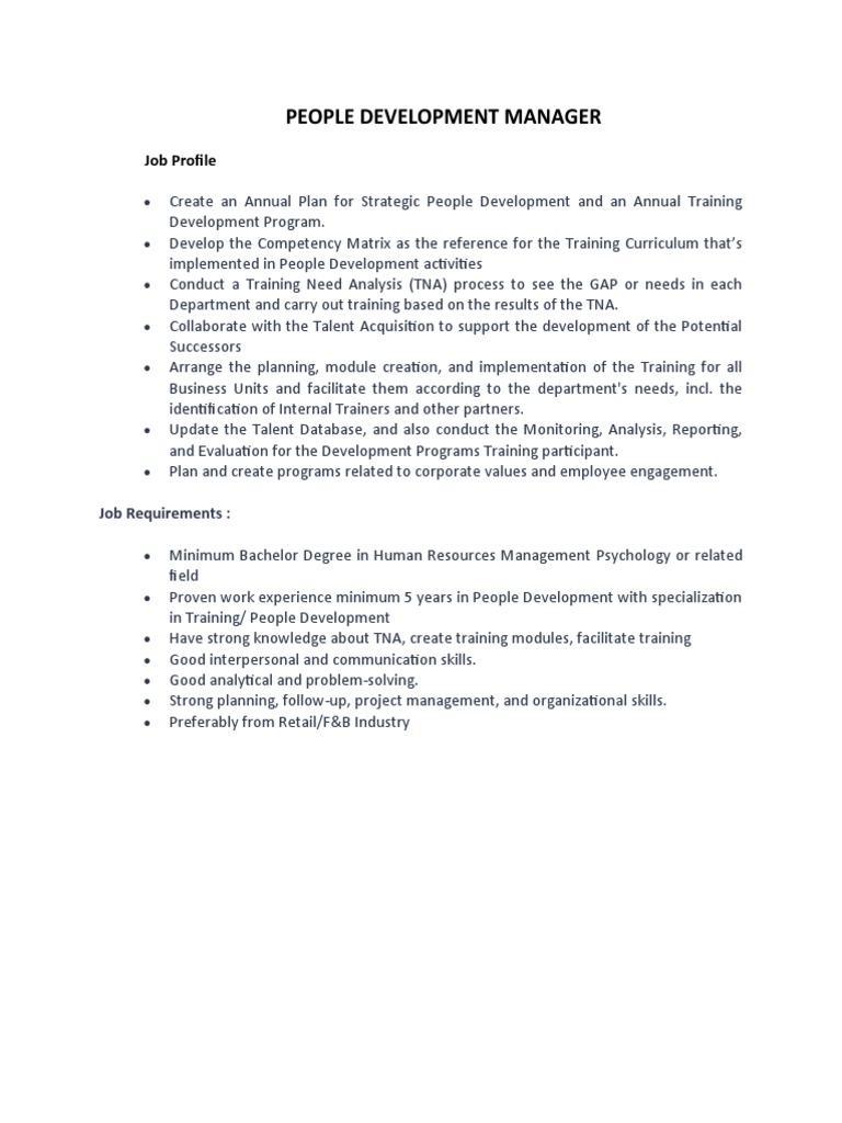 Job Profile People Development Manager | PDF
