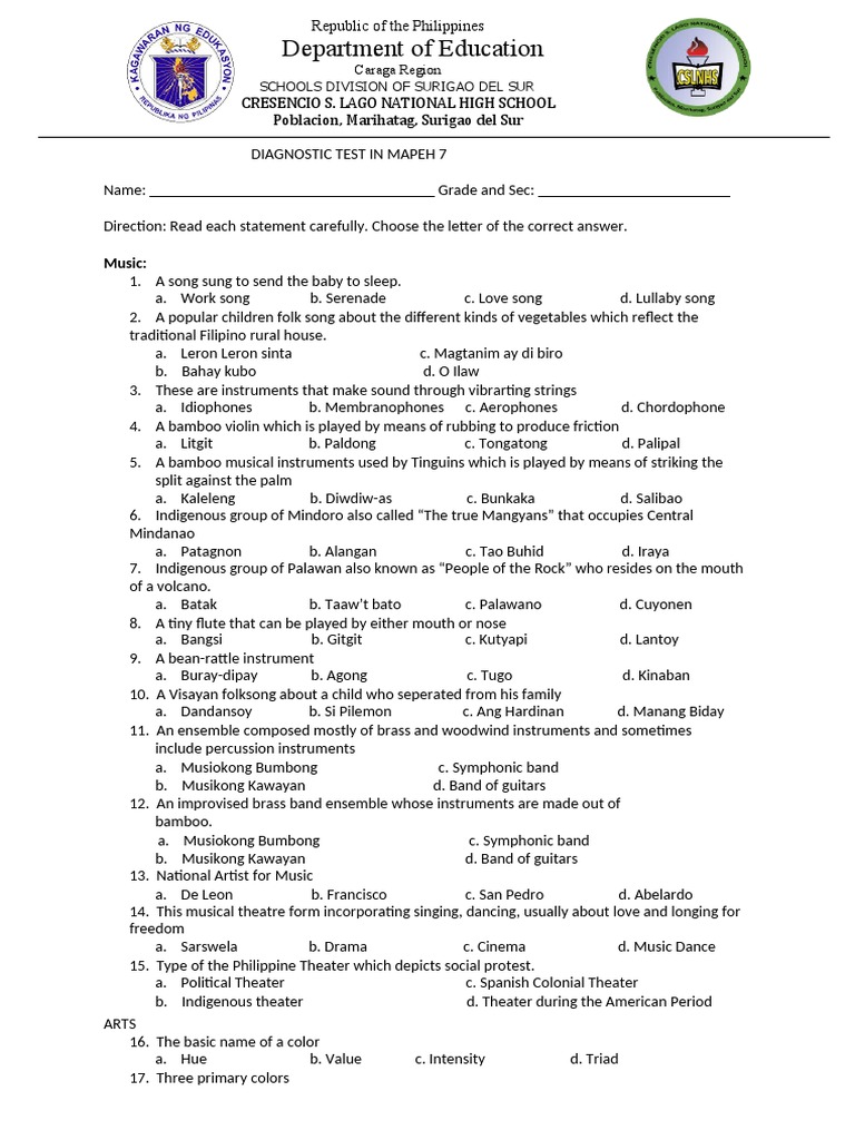 Diagnostic - Test Mapeh 7 | PDF