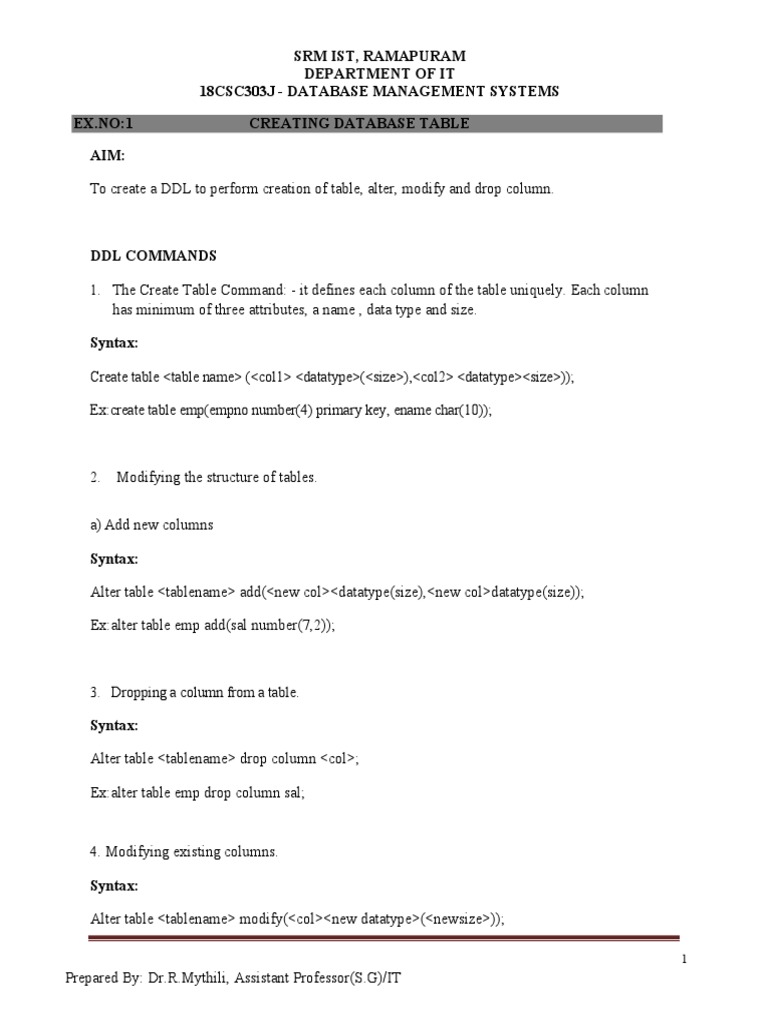 18CSC303J-DBMS Manual PDF | PDF | Table (Database) | Sql