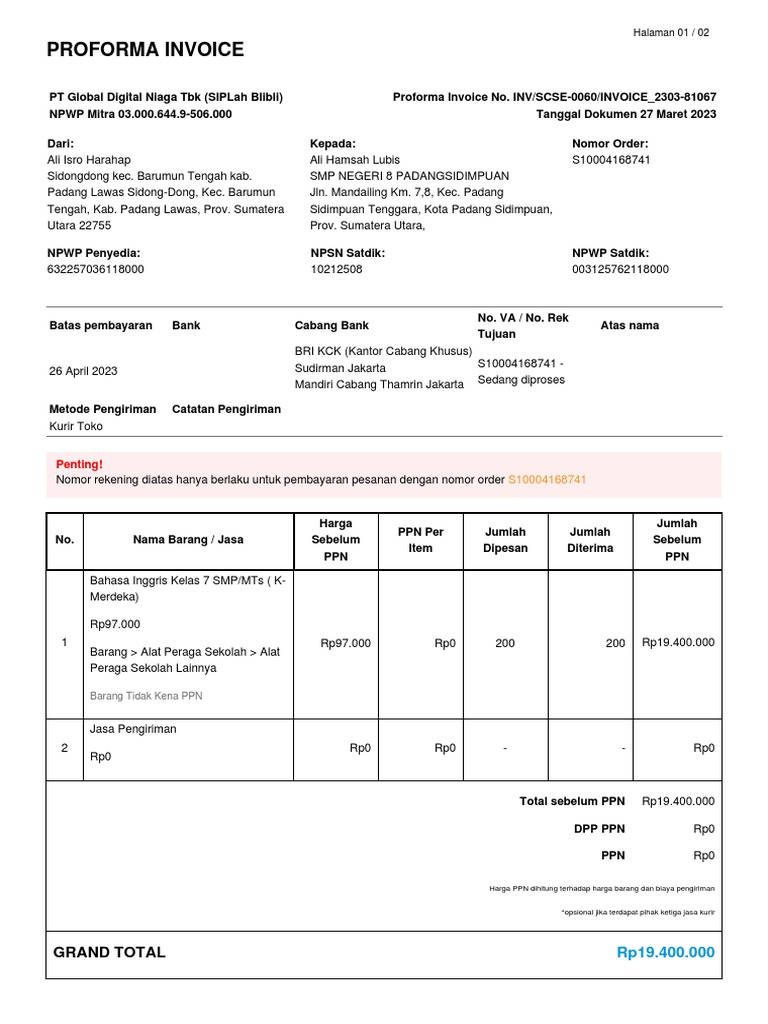 Proforma Invoice S10004168741 | PDF