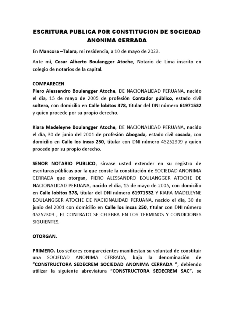 Escritura Publica Por Constitucion de Sociedad Anonima Cerrada | PDF | Derecho