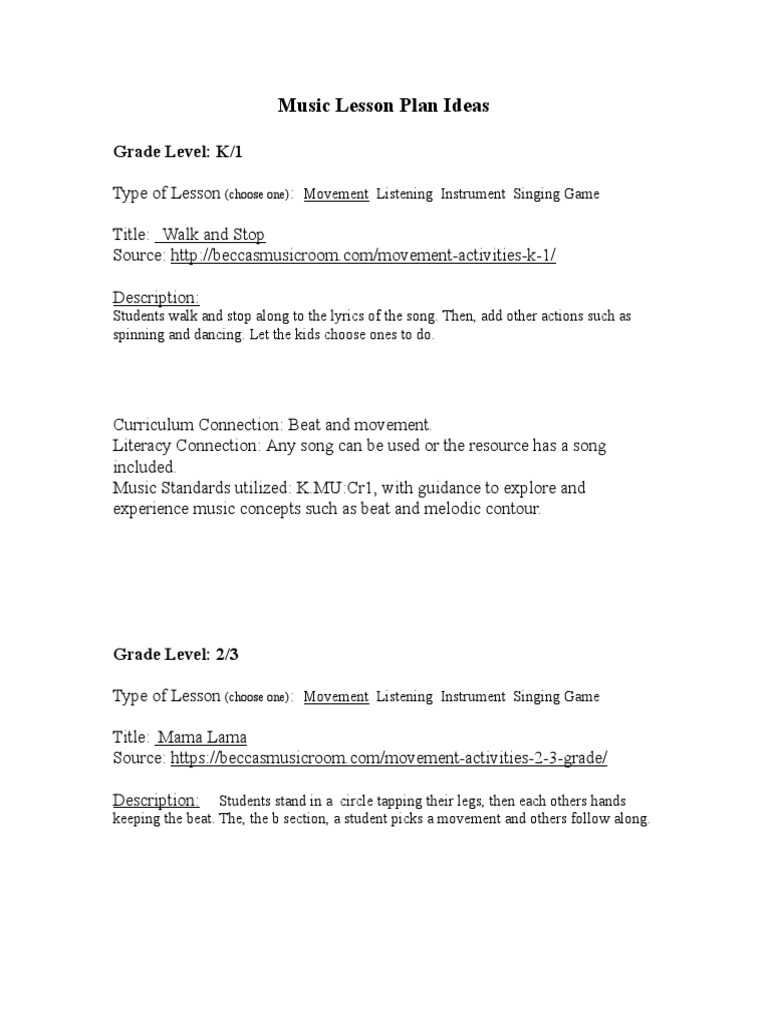 Music Lesson Plans for K-5 Movement | PDF | Dances | Curriculum