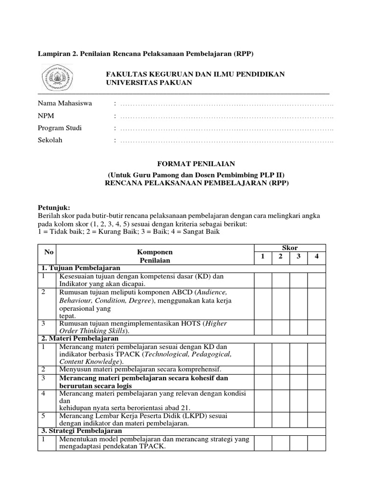 Format Penilaian RPP Dan PP | PDF