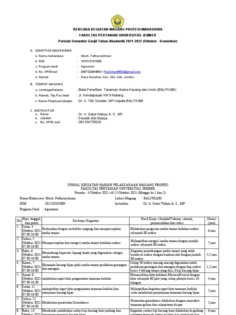 Moch. Fathurrachman_181510101009_Logbook magang minggu 1-6 | PDF