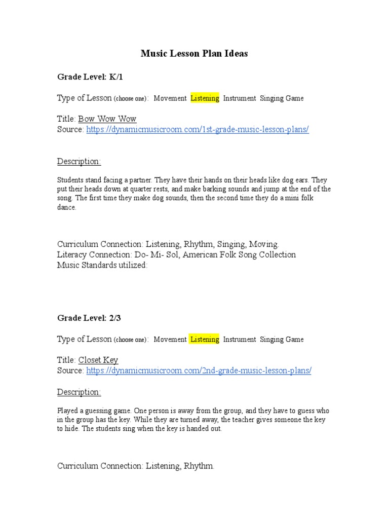 10 Listening Lesson Plan | PDF | Songs | Curriculum