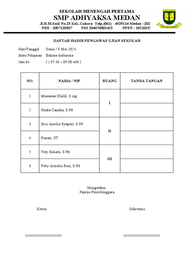 Daftar Pengawas Ruang Ujian Sekolah TAHUN 2023 | PDF