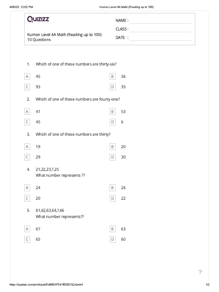 Kumon Level 4A Math (Reading Up To 100) | PDF | Pedagogy | Teaching