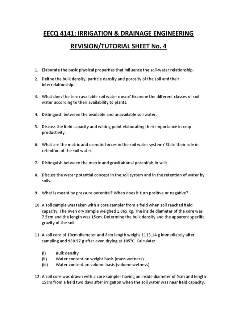 Eecq 4141 Tutorial Sheet 4 | PDF | Soil | Density