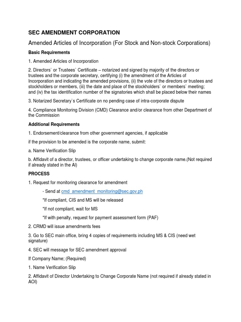 Sec Process For Amendment of Articles of Incorporation | PDF | Legal ...