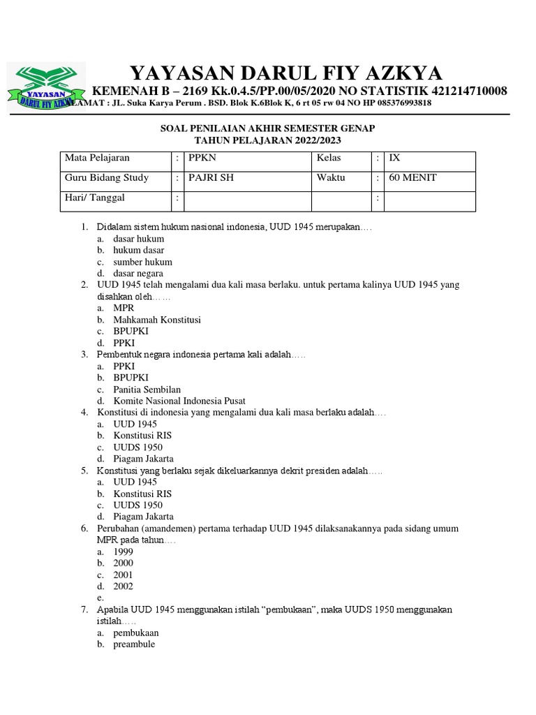 Soal PAS PAJRI PPKN KELAS 9 PDF | PDF