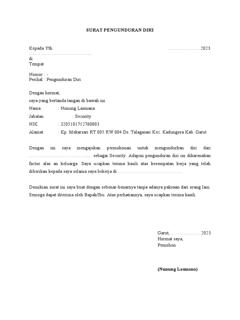 SURAT PENGUNDURAN DIRI bank | PDF