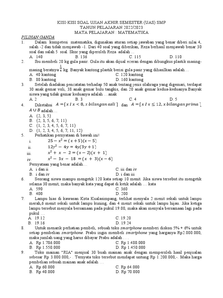 Kisi-Kisi Soal Uas 2022-2023 Tanpa Kunci | PDF