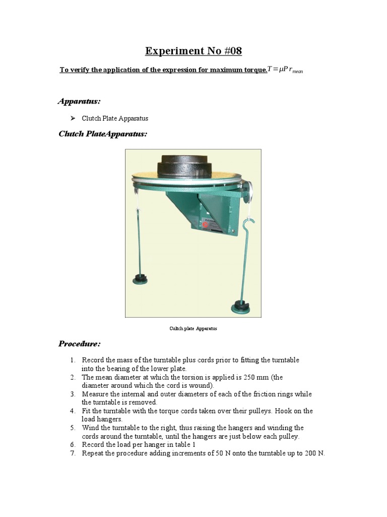 Maximum Torque Verification Experiment | PDF | Clutch | Torque