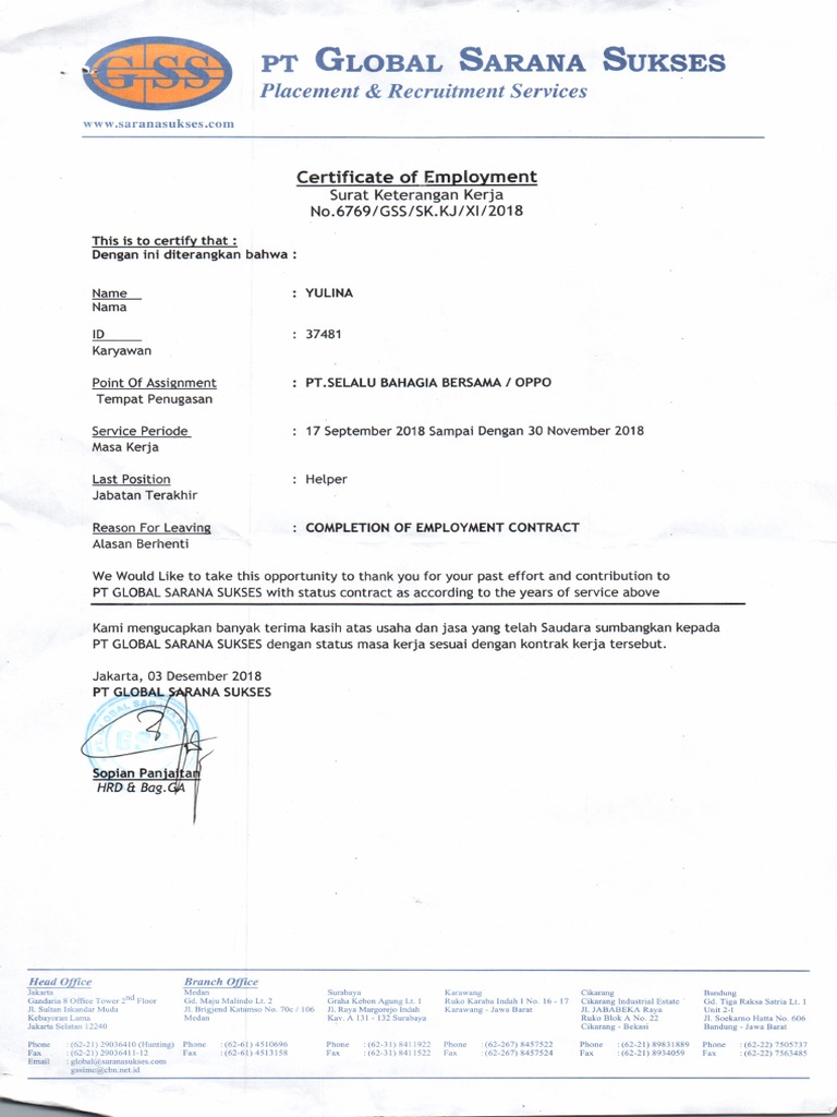 Paklaring PT - Global Sarana Sukses | PDF