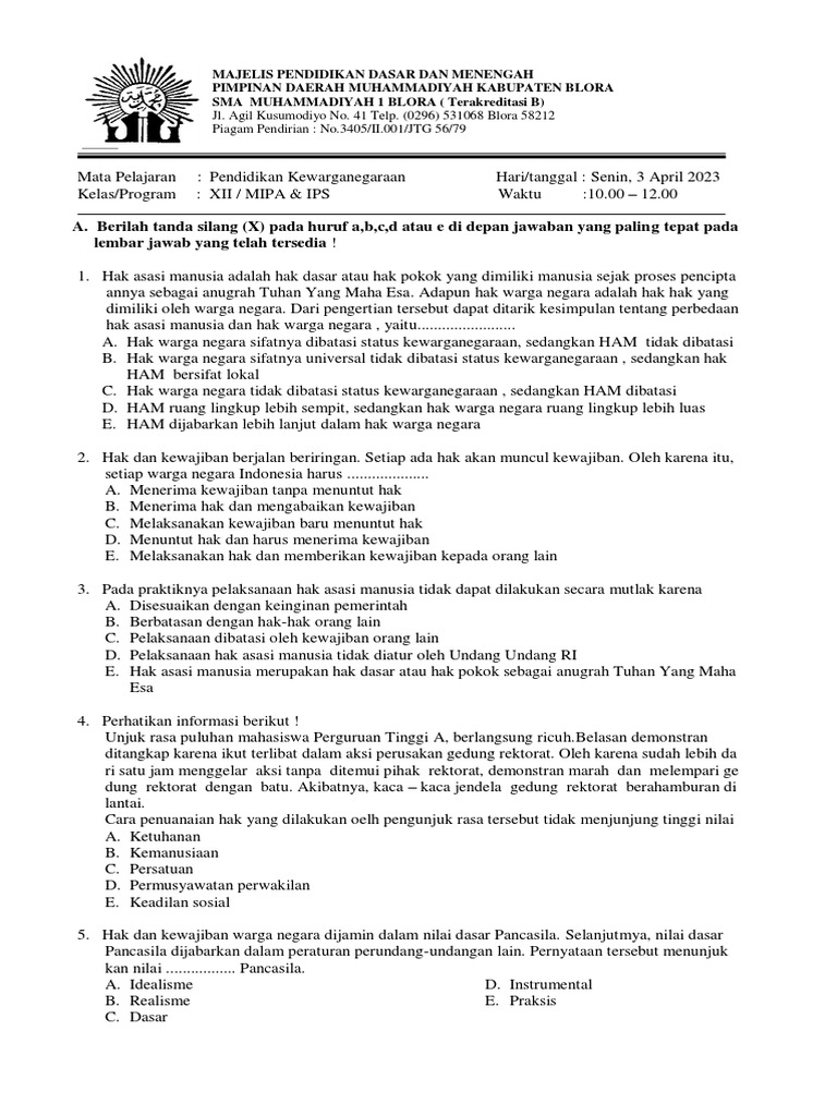 Soal KLS Xii PPKN PDF | PDF
