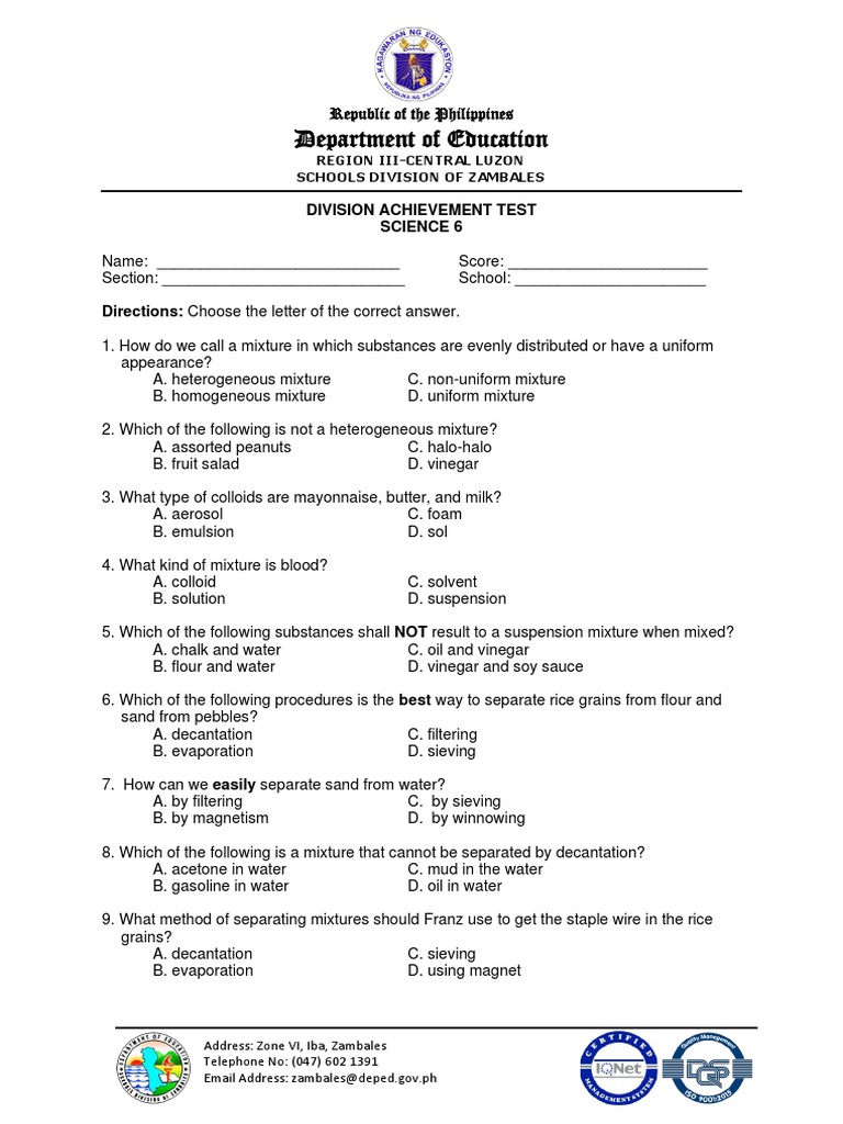 Division Achievement Test in Science Grade 6: Answers to Questions on ...