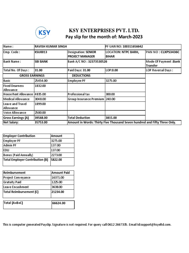 NTPC Salary Slip for Ravish Kumar Singh | PDF