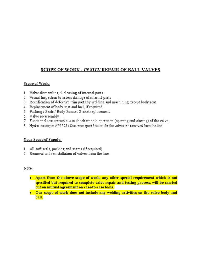 SCOPE OF WORK - IN SITU REPAIR OF BALL VALVES.doc | PDF