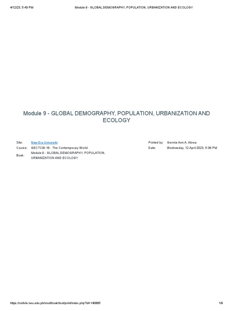 Module 9 - GLOBAL DEMOGRAPHY, POPULATION, URBANIZATION AND ECOLOGY ...