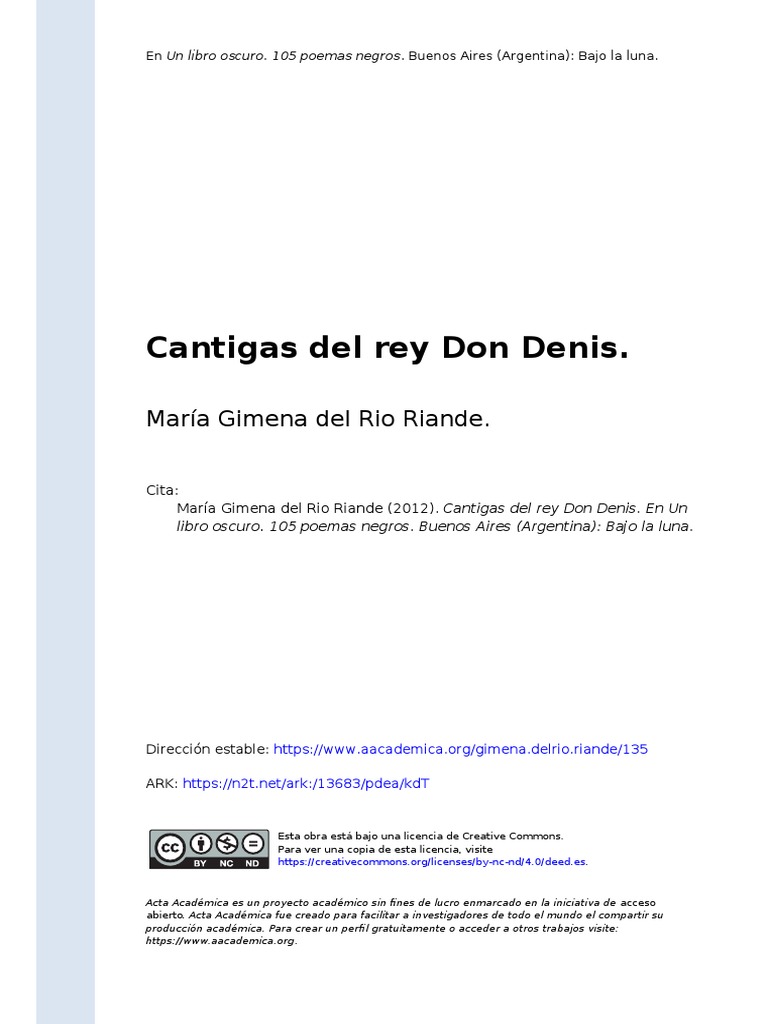 María Gimena del Rio Riande (2012). Cantigas del rey Don Denis | PDF