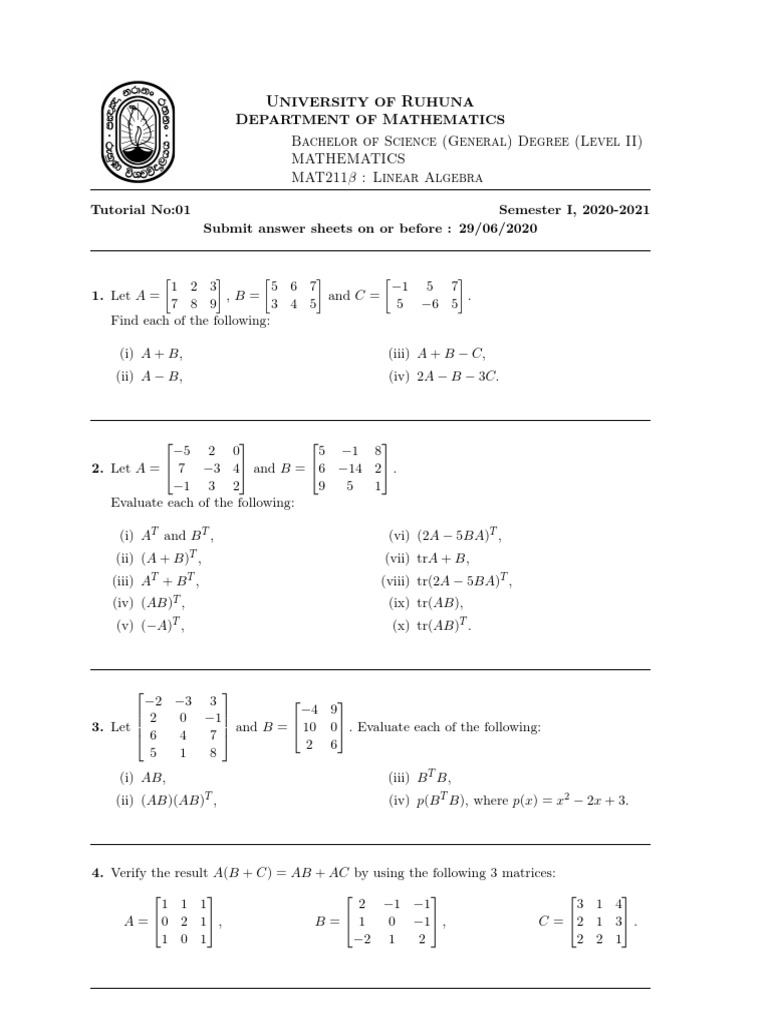 Tutorial No 1 | PDF | Matrix (Mathematics) | Mathematical Relations