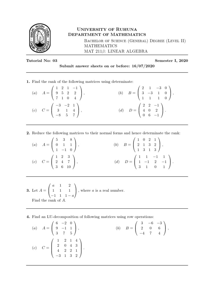 Tutorial No 3 | Download Free PDF | Matrix (Mathematics) | Mathematical Objects