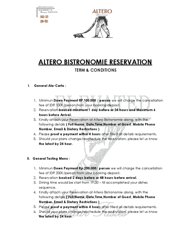 Altero Bistronomie Booking Guide | PDF | Fee | Legal Liability