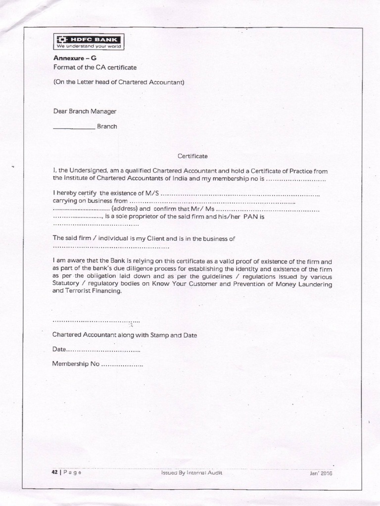 CA Certificate - HDFC - Annexure G | PDF