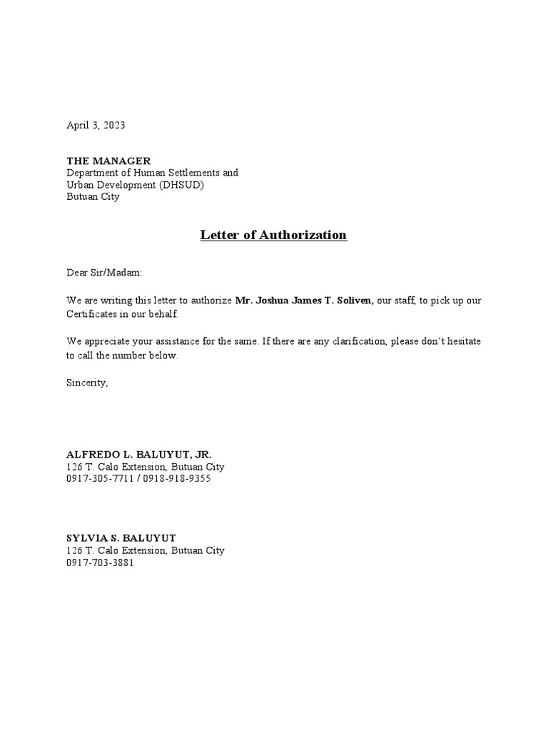 LEtter of Authorization Sample.docx | PDF