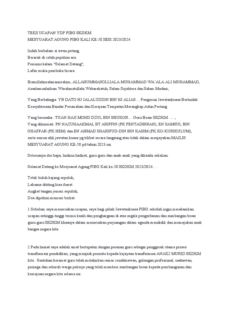Teks Ucapan Ydp Pibg SKDKM | PDF