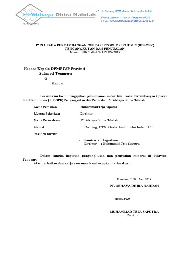Permohonan IUP-OPK PT. Abhaya Dhira | PDF