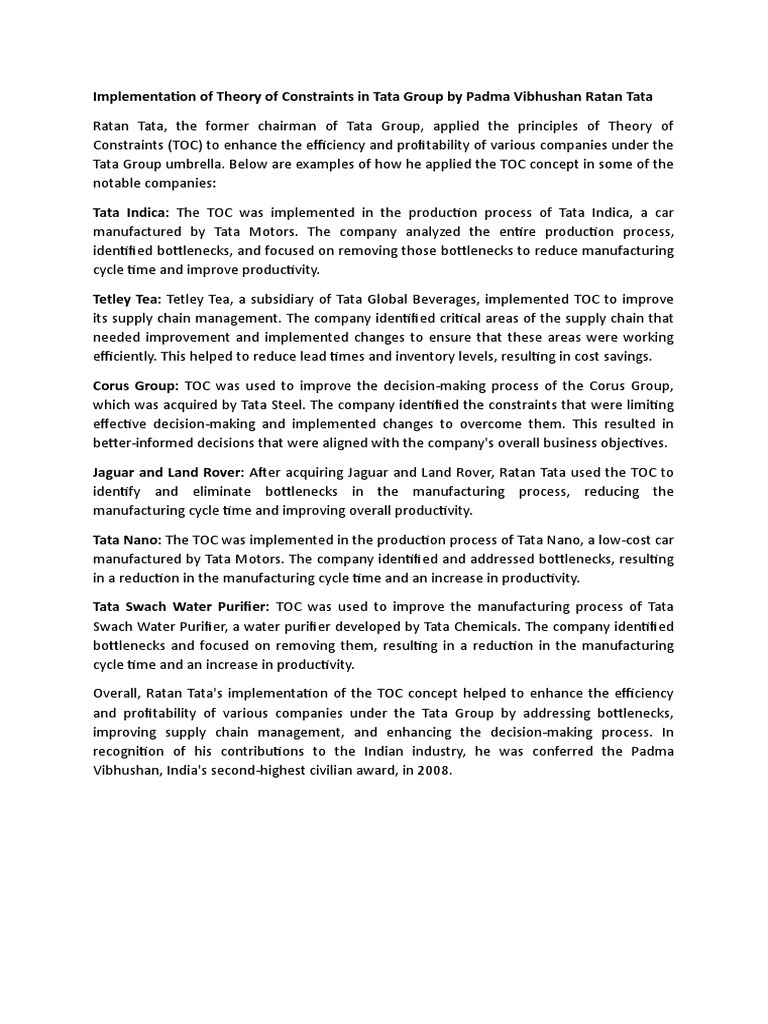 Enhancing Efficiency Through Theory of Constraints: Examples of Ratan ...